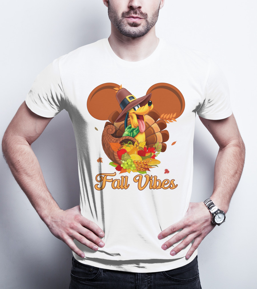 Pluto Fall Vibes Thanksgiving Cornucopia And Autumn Leaves T-Shirt