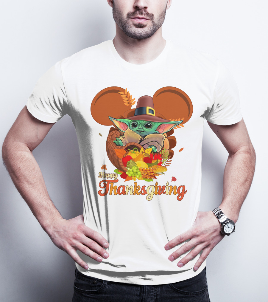 Happy Thanksgiving Baby Yoda Cornucopia With Pilgrim Hat T-Shirt