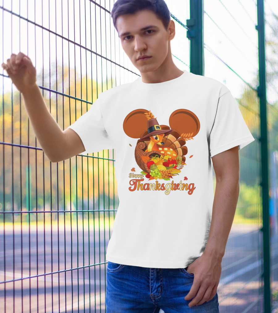 Happy Thanksgiving Bambi In Pilgrim Hat With Cornucopia And Mickey Ears T-Shirt