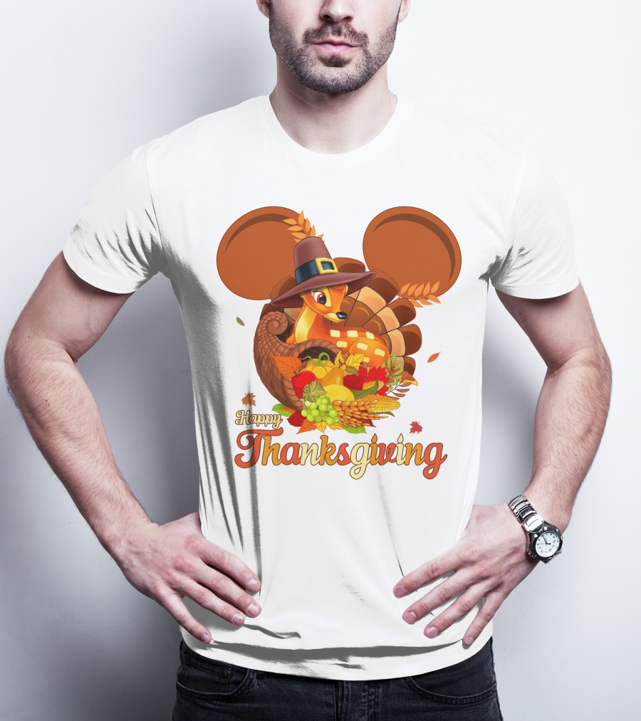 Happy Thanksgiving Bambi In Pilgrim Hat With Cornucopia And Mickey Ears T-Shirt