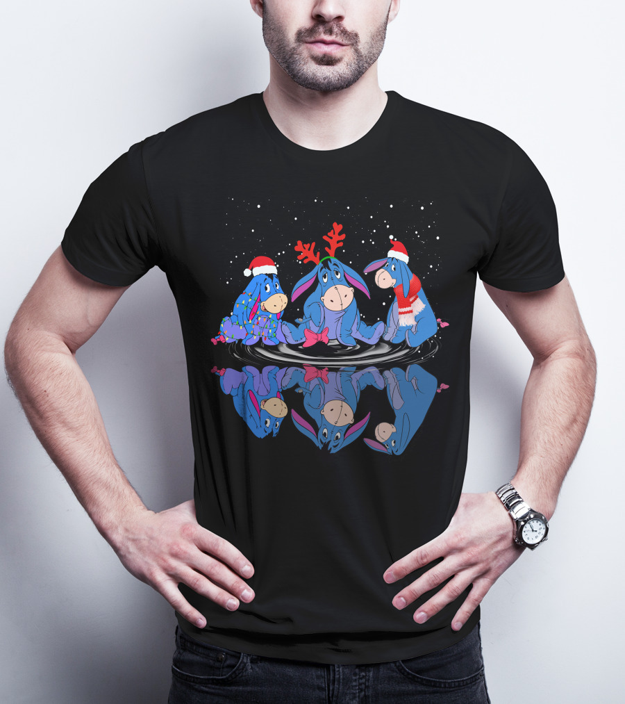 Eeyore Christmas Reflections With Santa Hats And Reindeer Antlers T-Shirt