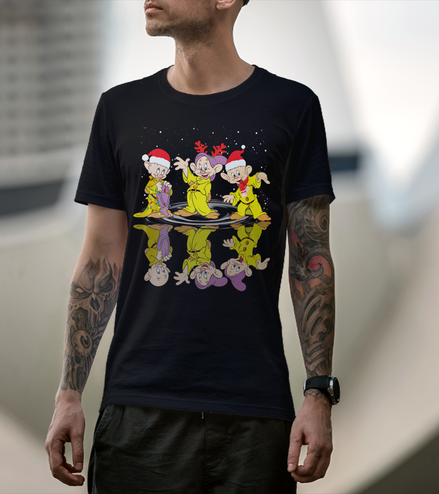 Dopey Christmas Reflections With Santa Hats And Reindeer Antlers T-Shirt