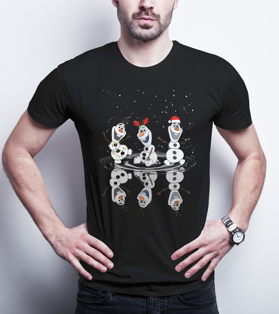 Olaf Christmas Reflections With Holiday Lights And Santa Hat T-Shirt