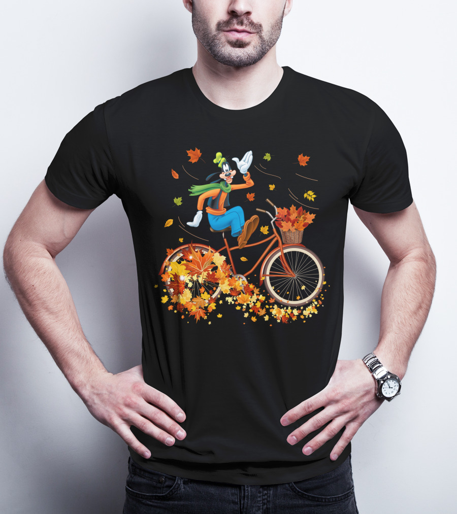 Goofy Autumn Bicycle Ride With Falling Leaves T-Shirt