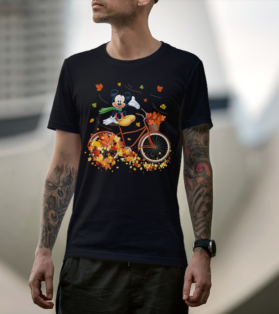 Mickey Mouse Autumn Leaves Bicycle Ride With Basket T-Shirt