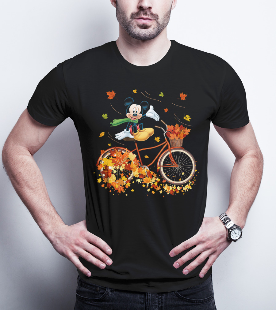 Mickey Mouse Autumn Leaves Bicycle Ride With Basket T-Shirt
