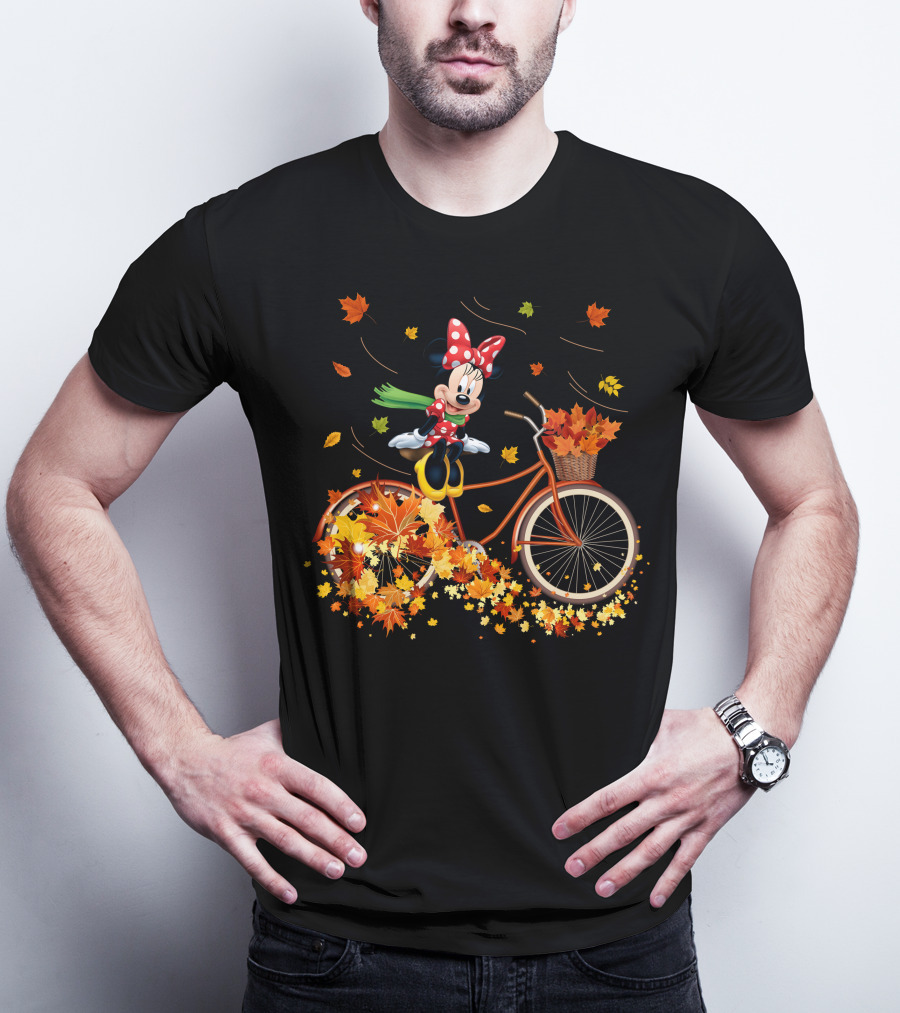 Minnie Mouse Autumn Bicycle Ride With Falling Leaves T-Shirt