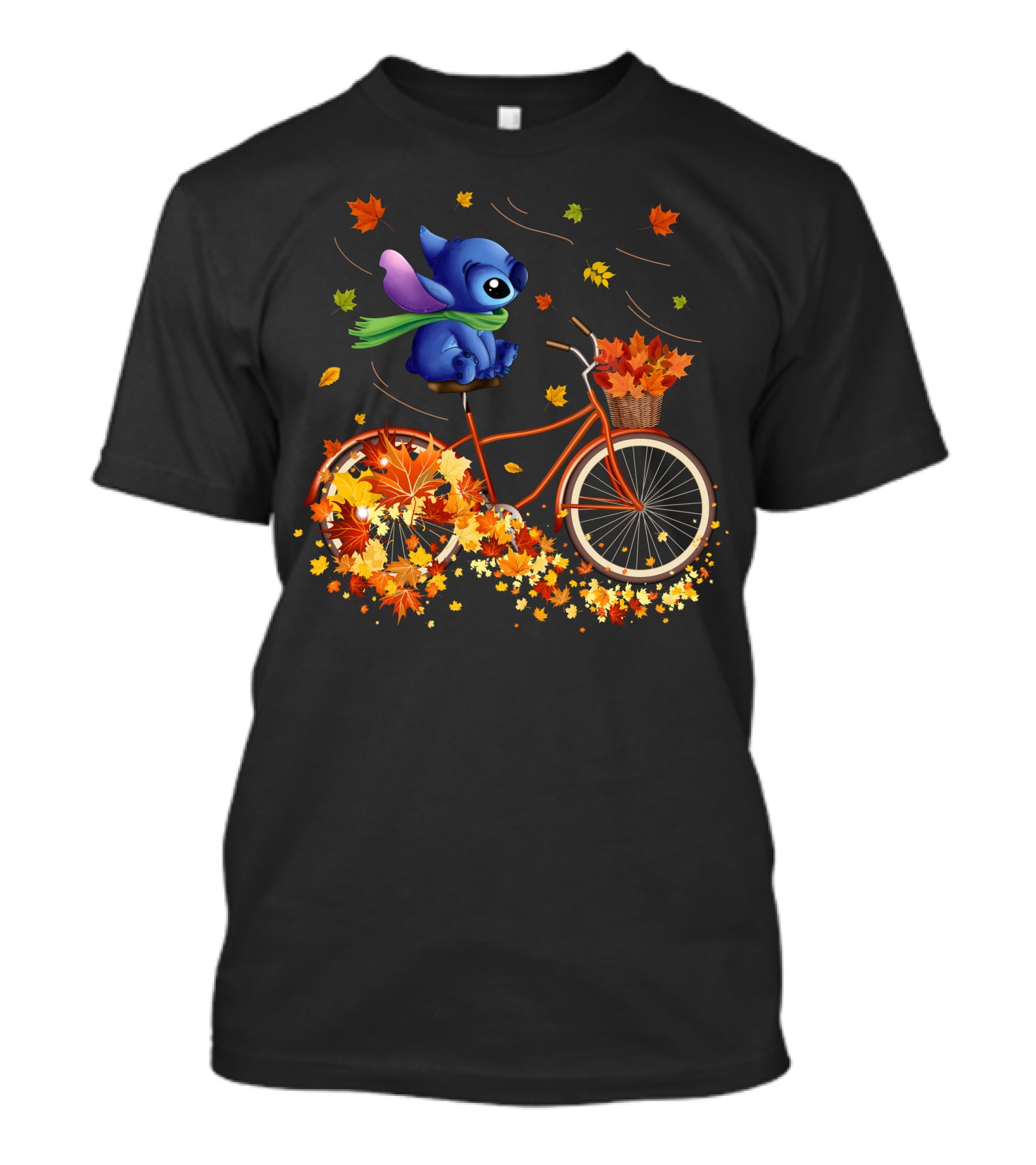 Stitch Autumn Bicycle Ride With Falling Leaves T-Shirt