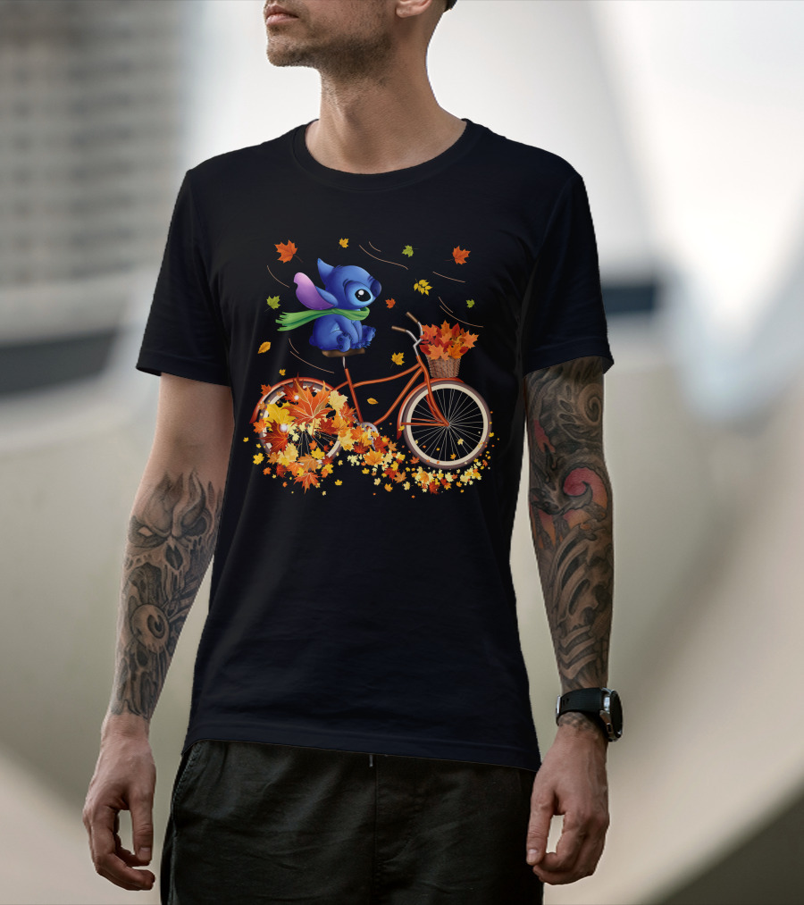 Stitch Autumn Bicycle Ride With Falling Leaves T-Shirt