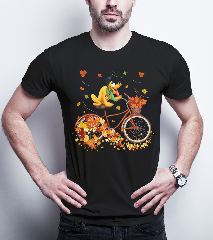 Pluto Autumn Bicycle Adventure With Falling Leaves T-Shirt