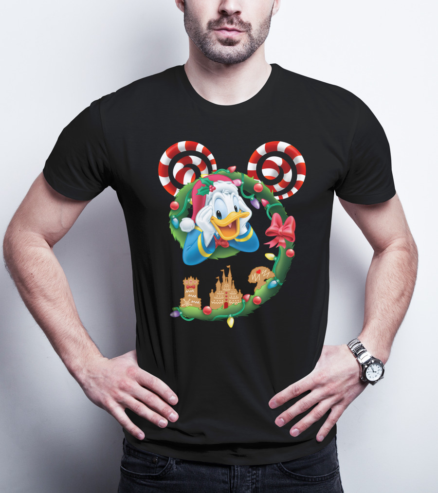 Donald Duck Christmas Wreath With Candy Cane Mickey Ears And Gingerbread Castle T-Shirt
