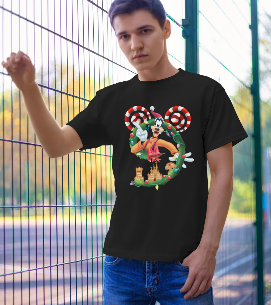 Goofy Christmas Wreath With Candy Canes And Gingerbread Castles T-Shirt