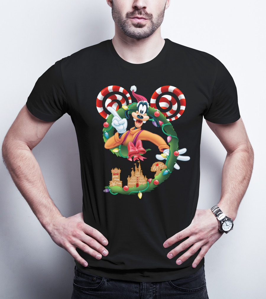 Goofy Christmas Wreath With Candy Canes And Gingerbread Castles T-Shirt