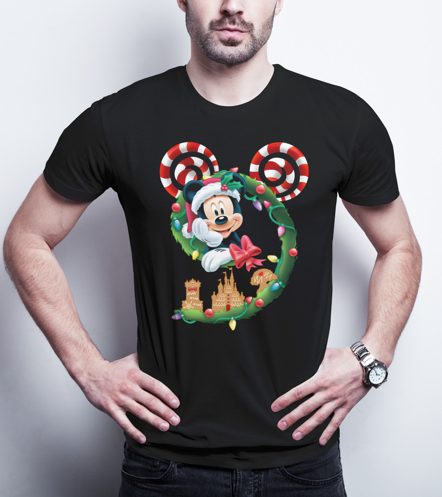 Mickey Mouse Christmas Holiday Wreath Candy Cane Ear Gingerbread House T-Shirt