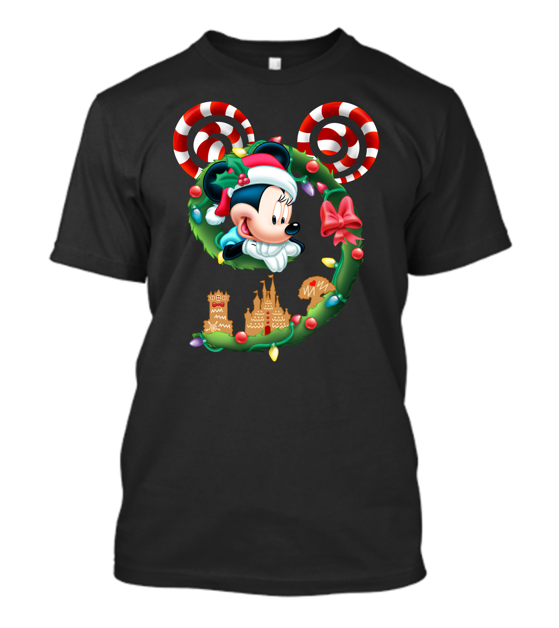Minnie Mouse Christmas Wreath Candy Cane Ears Holiday Castle Lights T-Shirt