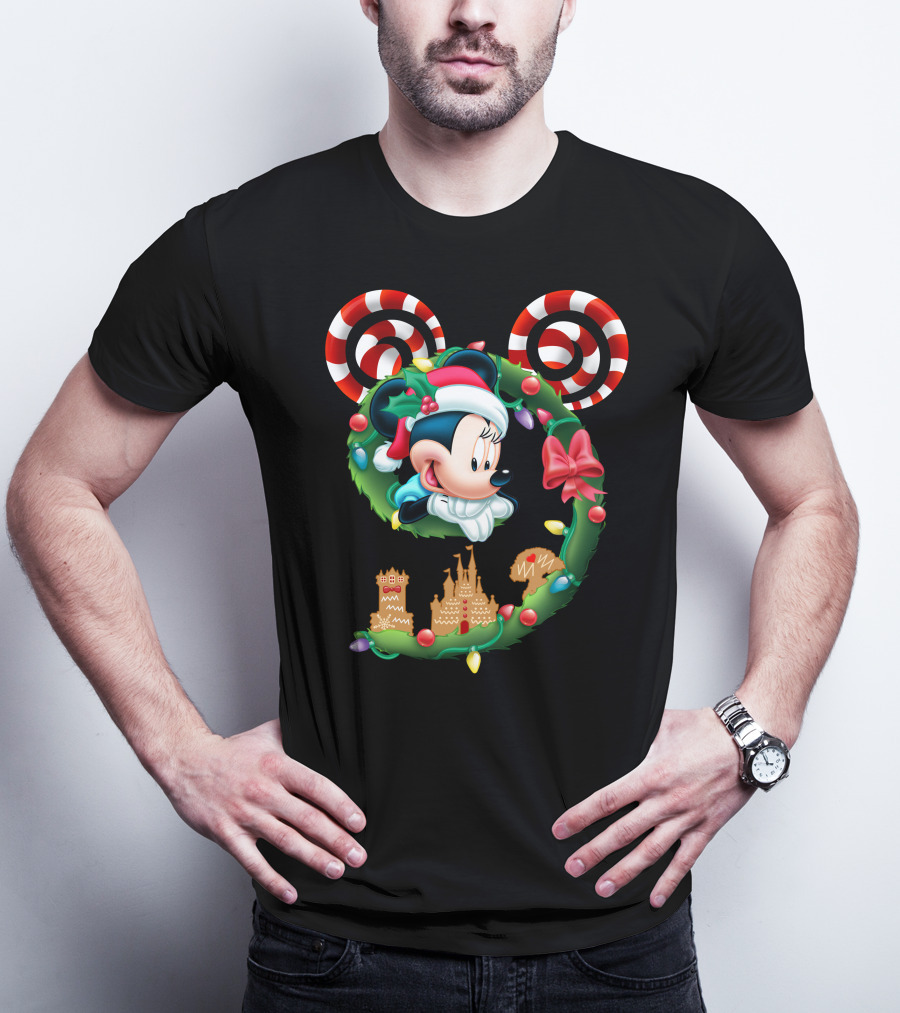 Minnie Mouse Christmas Wreath Candy Cane Ears Holiday Castle Lights T-Shirt