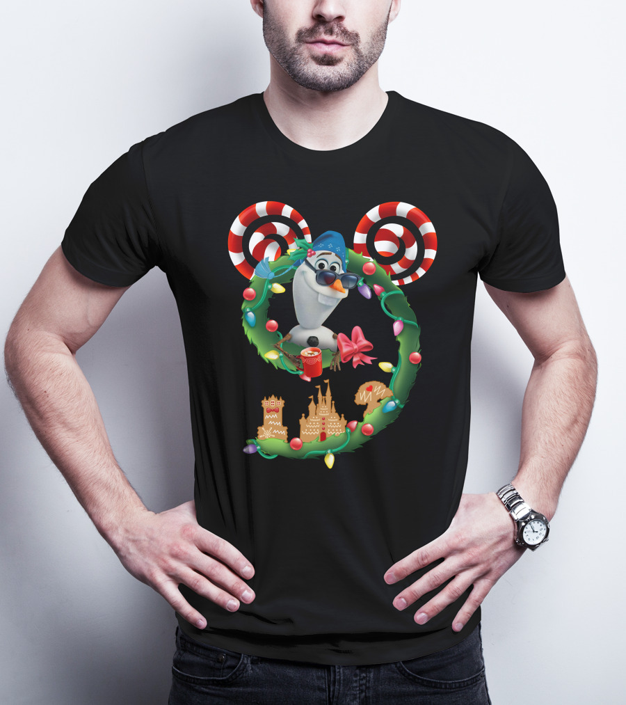 Olaf Holiday Wreath With Candy Cane Ears And Gingerbread Castles T-Shirt