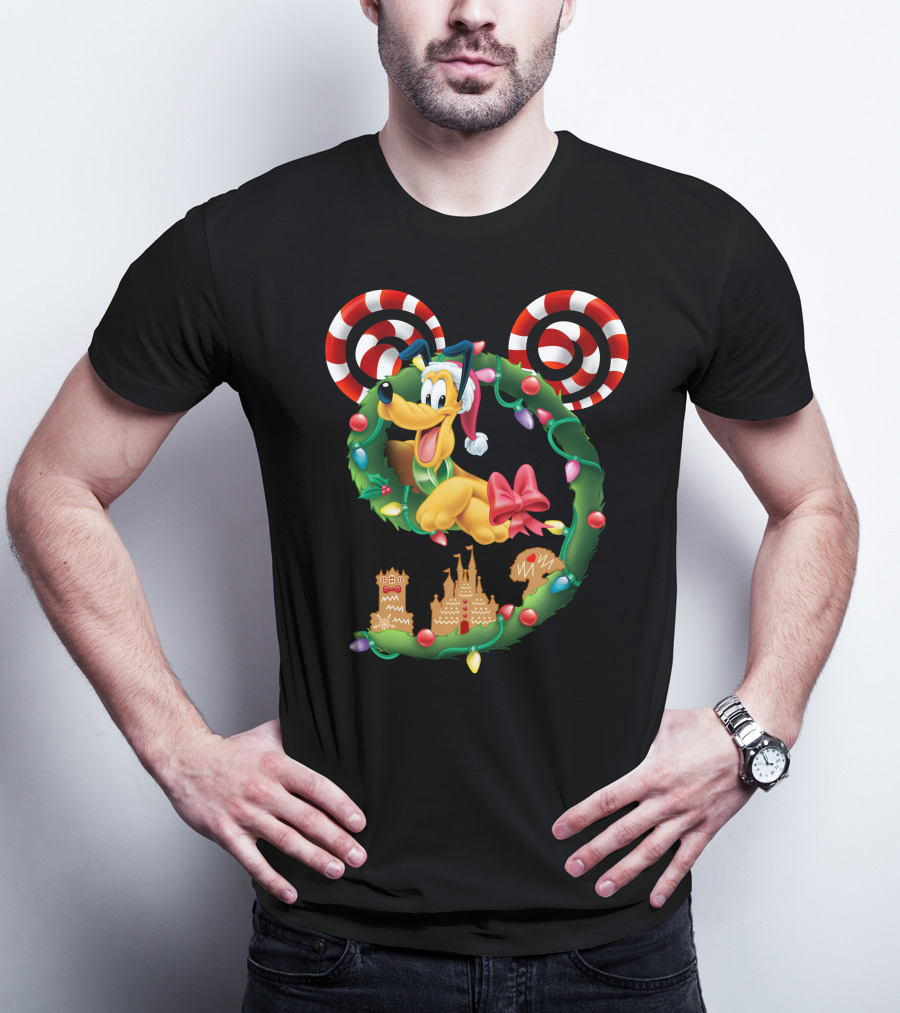 Pluto Holiday Wreath With Candy Canes And Gingerbread Castle T-Shirt