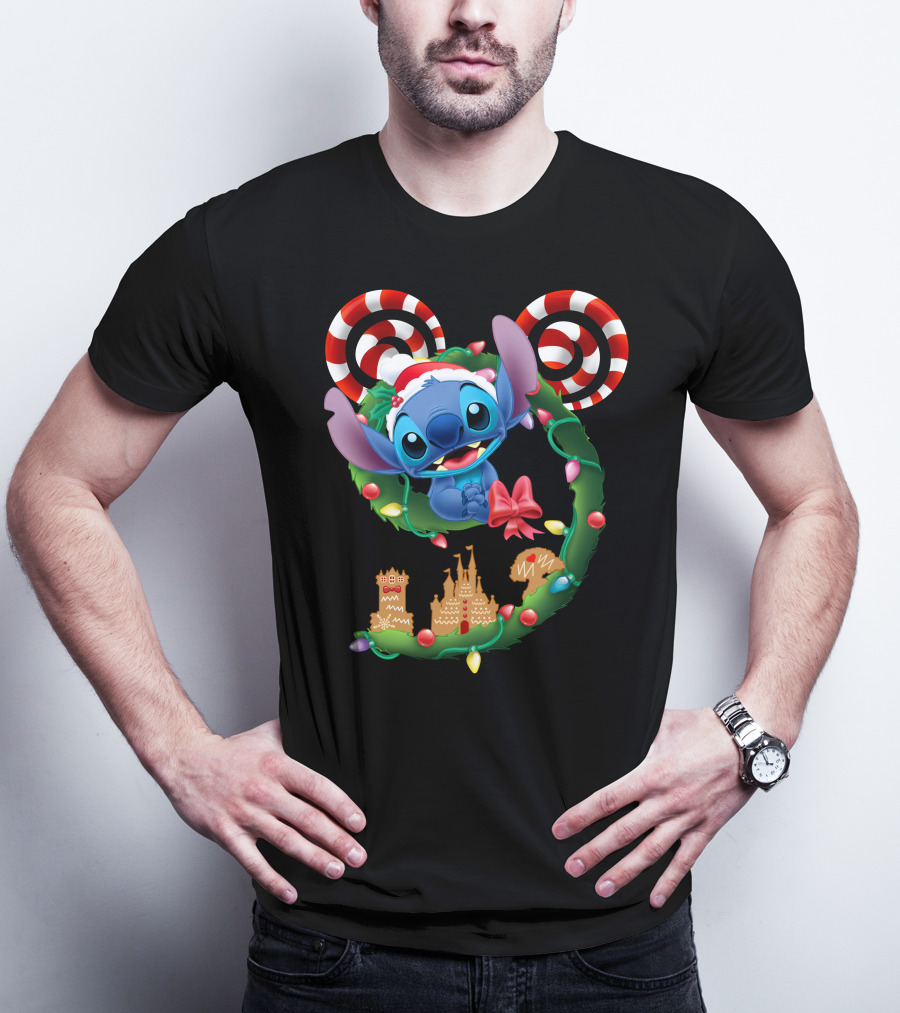 Stitch Christmas Wreath With Candy Canes And Gingerbread Castle T-Shirt