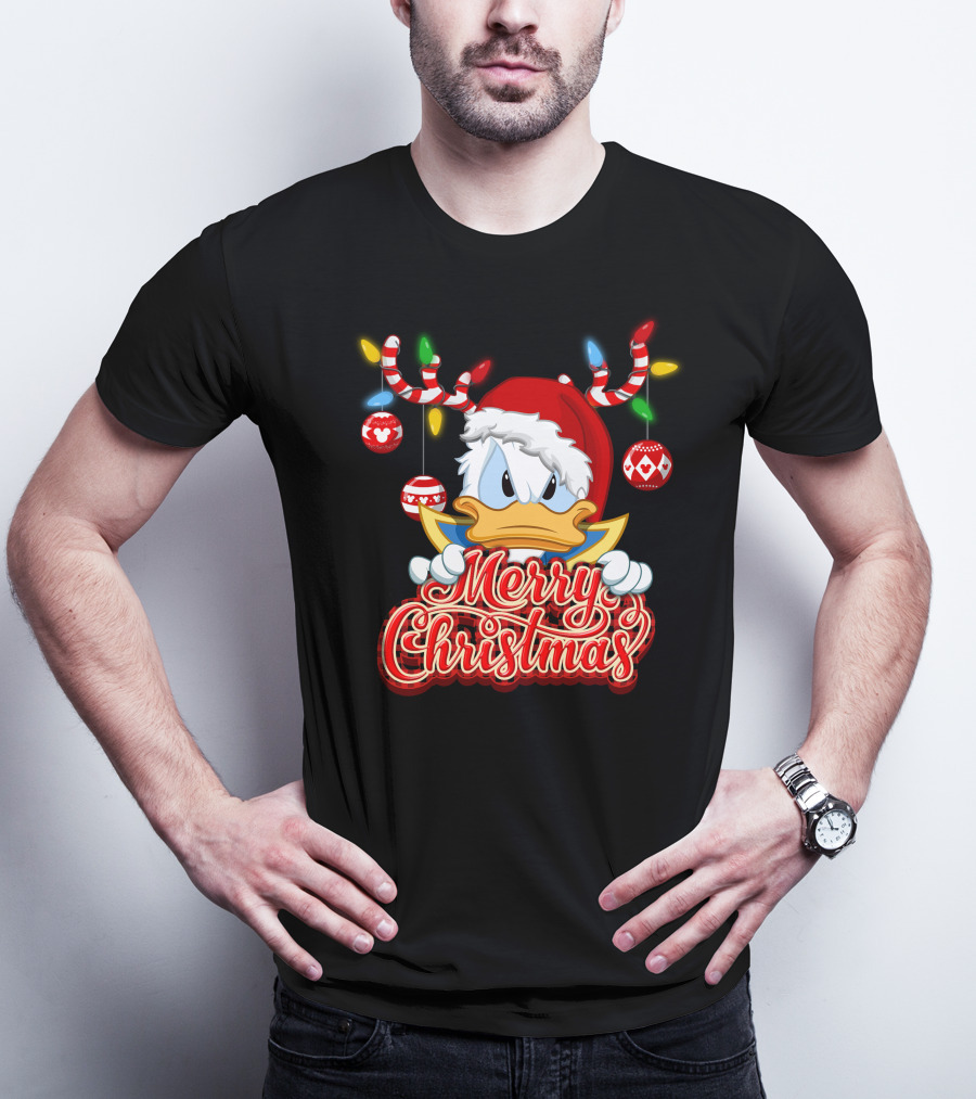 Merry Christmas Donald Wearing Santa Hat And Reindeer Antlers T-Shirt