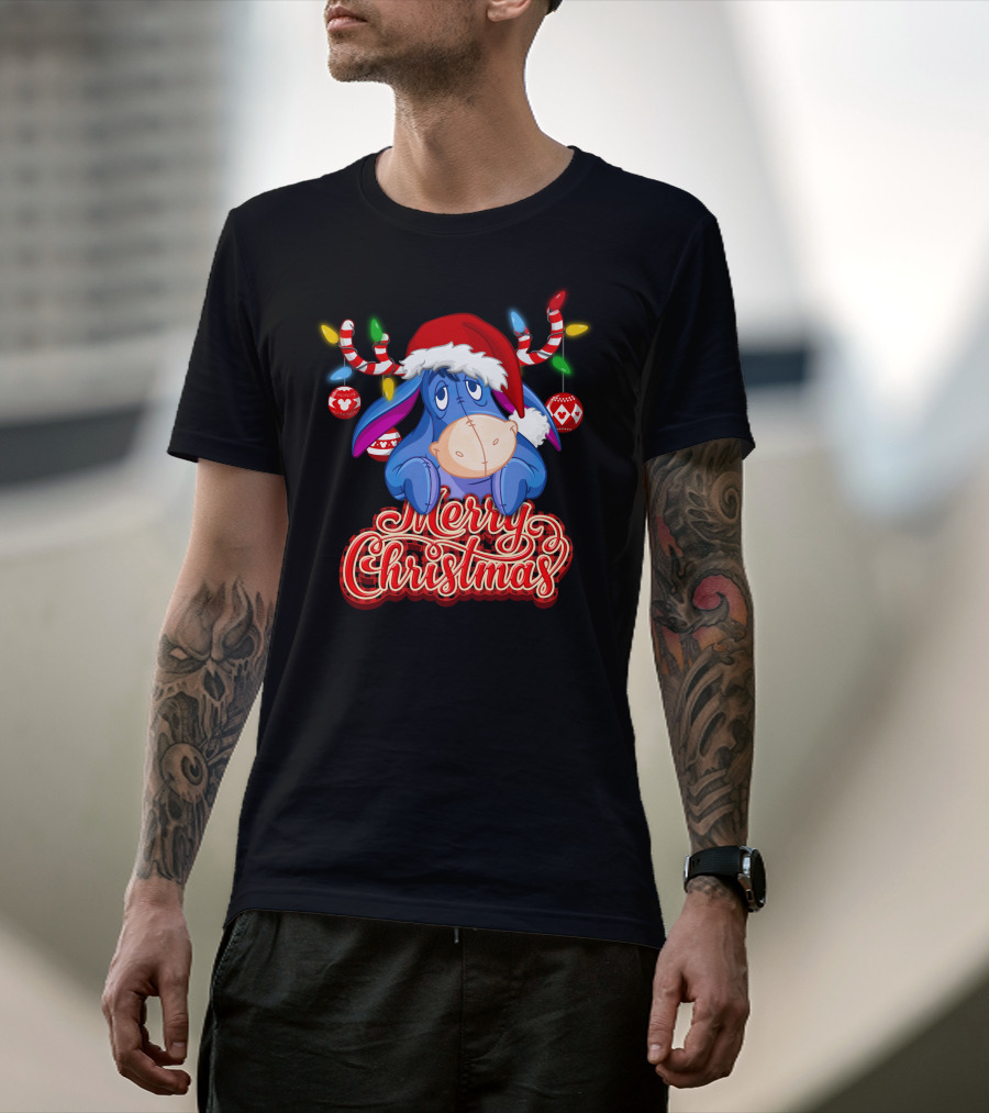Eeyore Merry Christmas Santa Hat Reindeer Lights T-Shirt