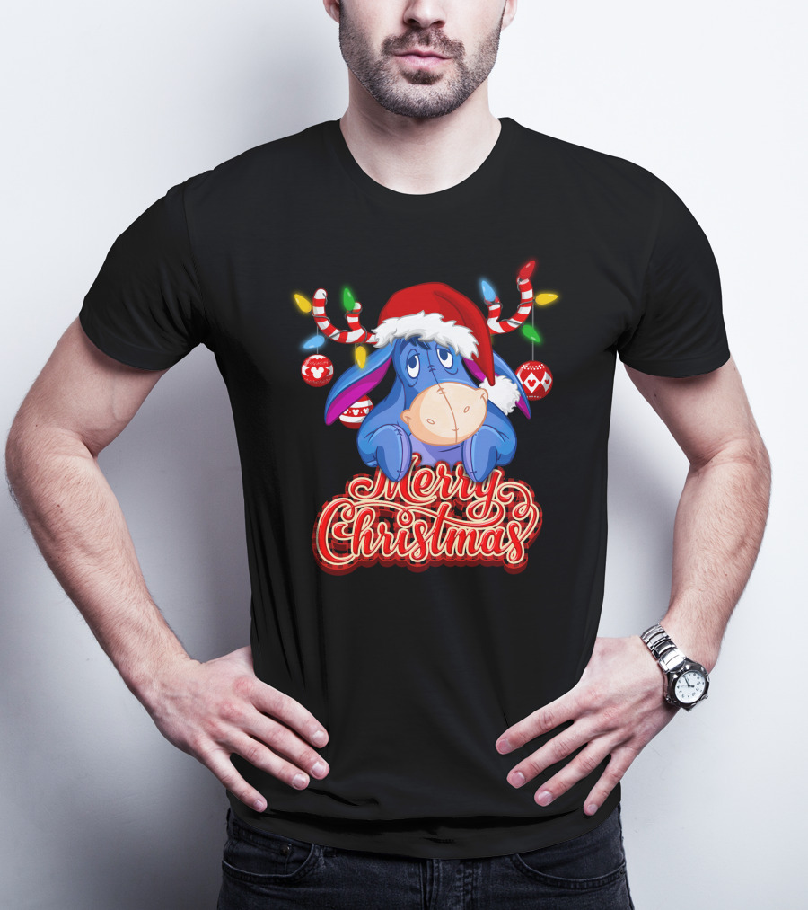 Eeyore Merry Christmas Santa Hat Reindeer Lights T-Shirt