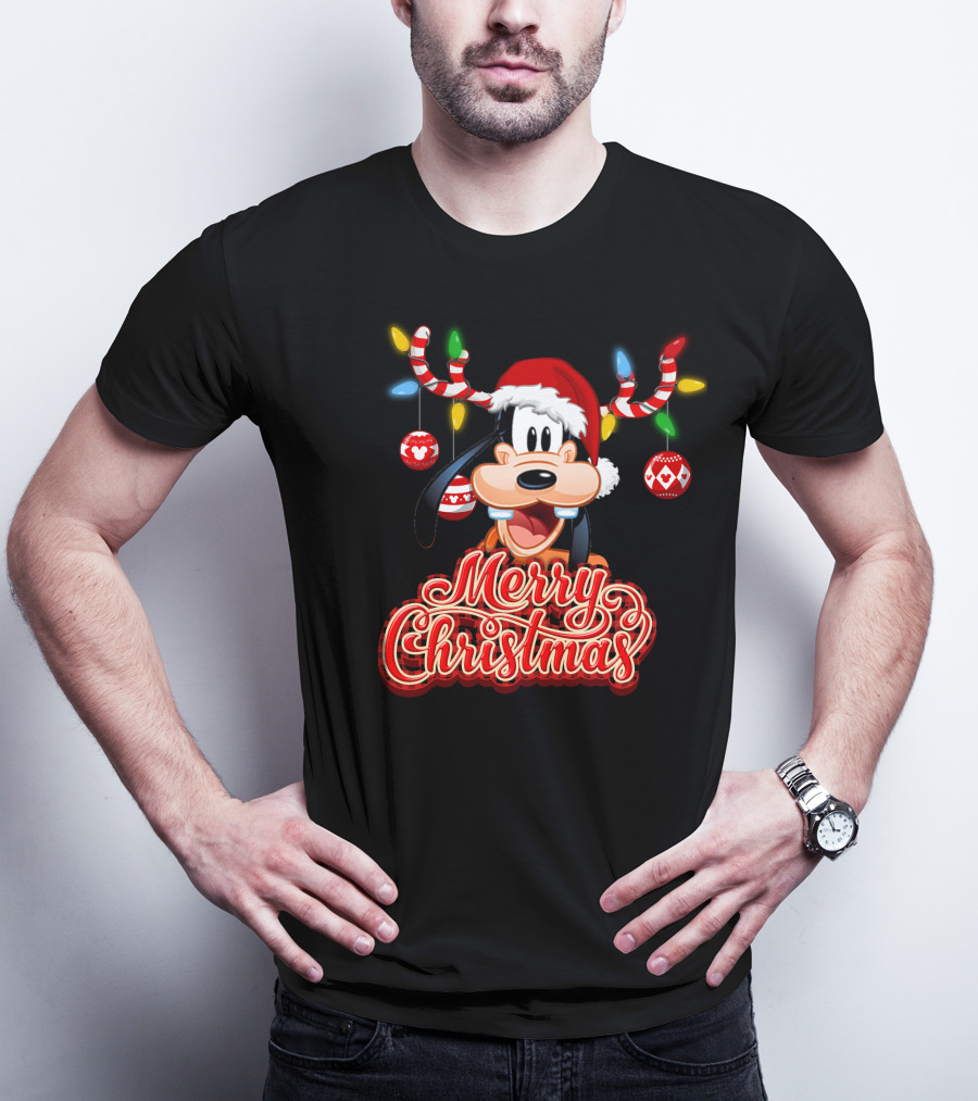 Merry Christmas Goofy Santa Hat Lights Antlers T-Shirt