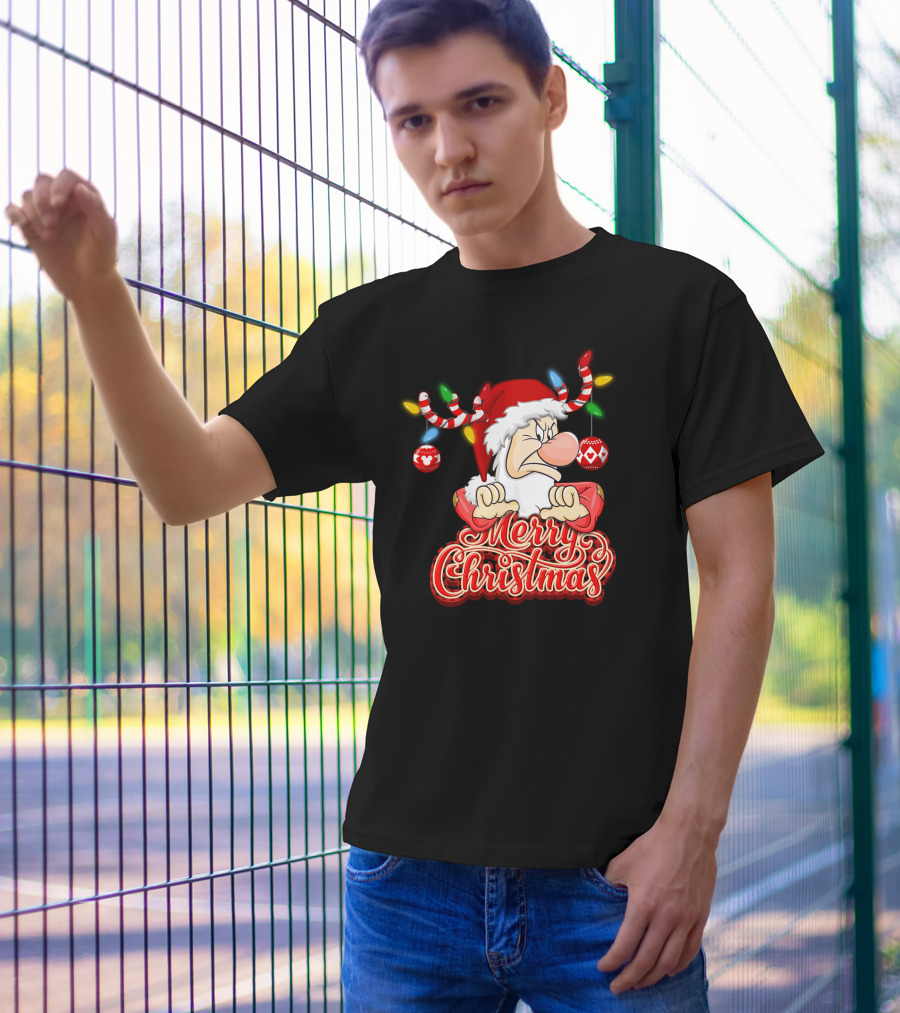 Grumpy Merry Christmas Santa With Reindeer Antlers And Festive Ornaments T-Shirt