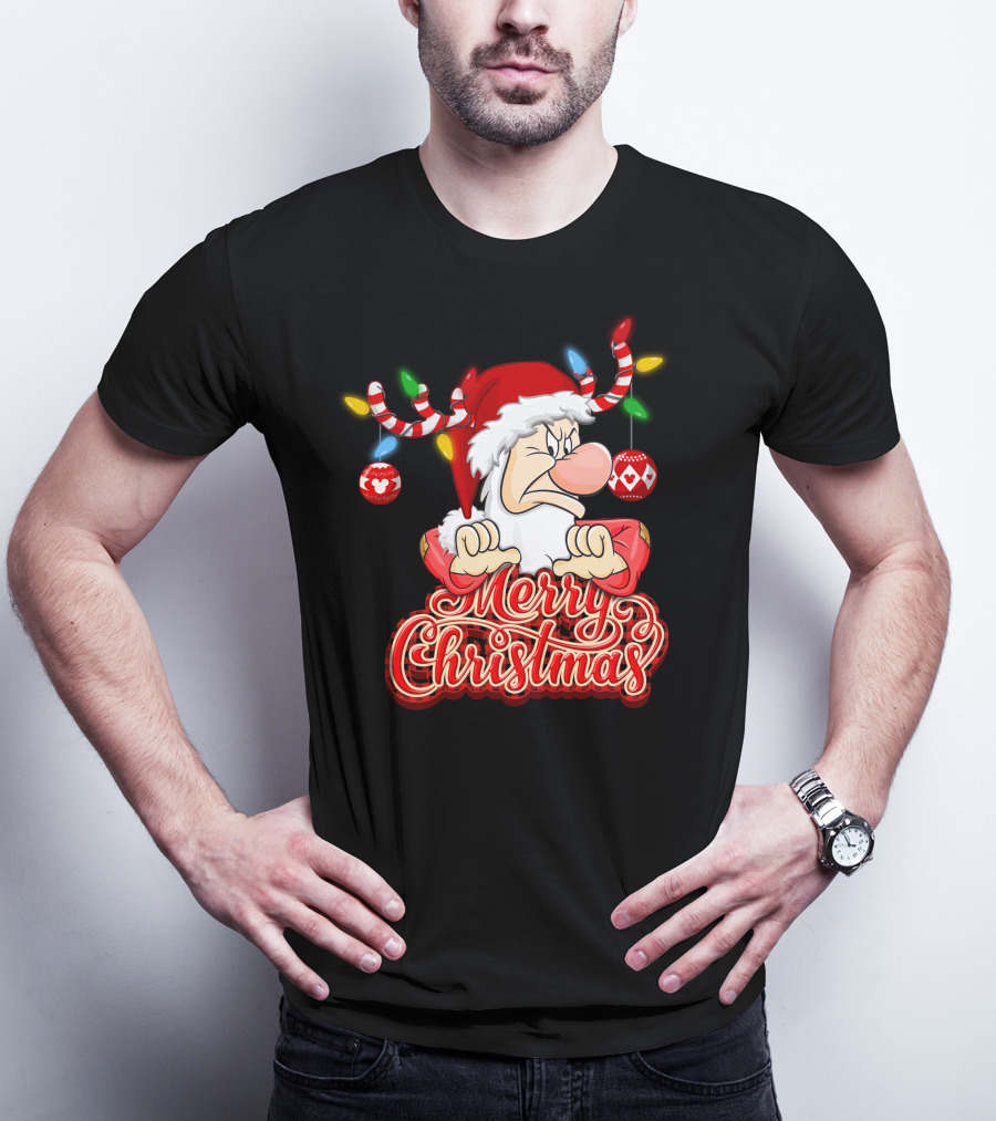 Grumpy Merry Christmas Santa With Reindeer Antlers And Festive Ornaments T-Shirt