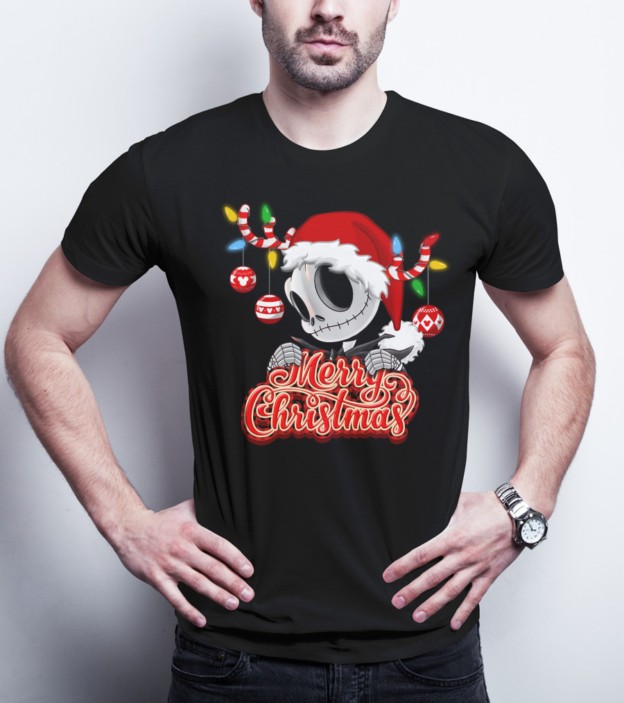 Merry Christmas Santa Jack Skellington With Candy Cane Lights And Ornaments T-Shirt