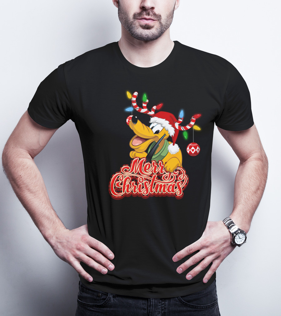 Merry Christmas Pluto Holiday Antlers And Santa Hat T-Shirt