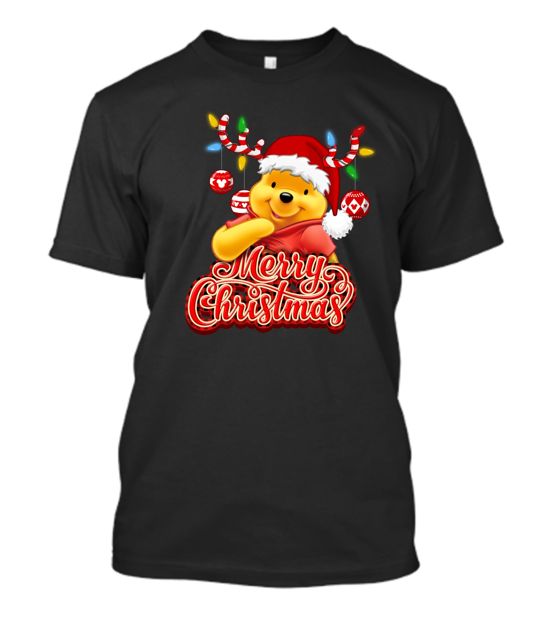 Merry Christmas Pooh Santa Hat Festive Lights Antlers T-Shirt