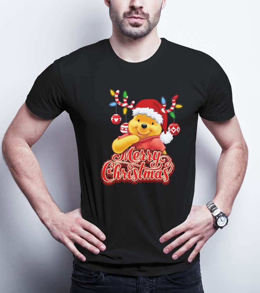 Merry Christmas Pooh Santa Hat Festive Lights Antlers T-Shirt