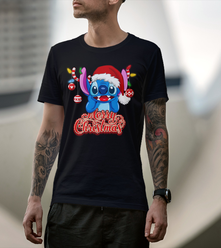 Merry Christmas Stitch Santa Hat Ornaments T-Shirt