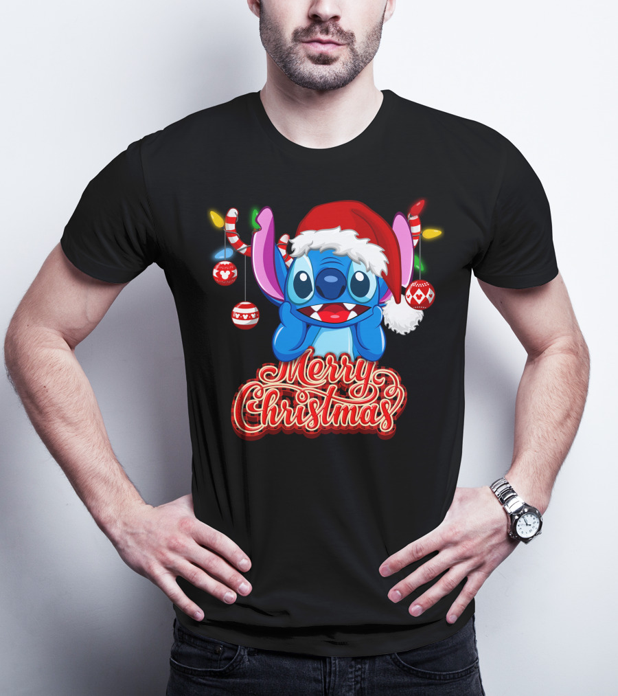 Merry Christmas Stitch Santa Hat Ornaments T-Shirt