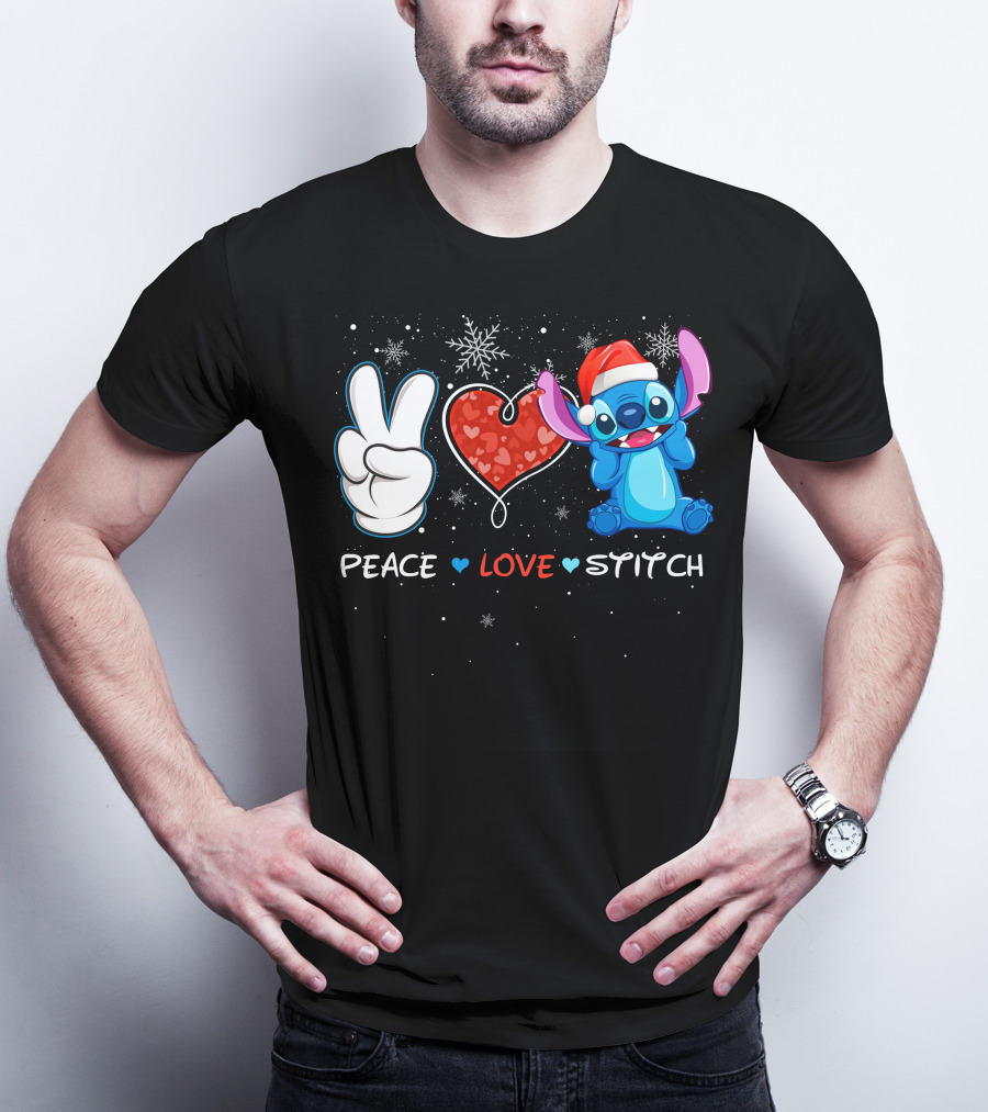 Peace Love Stitch Christmas Santa Hat T-Shirt