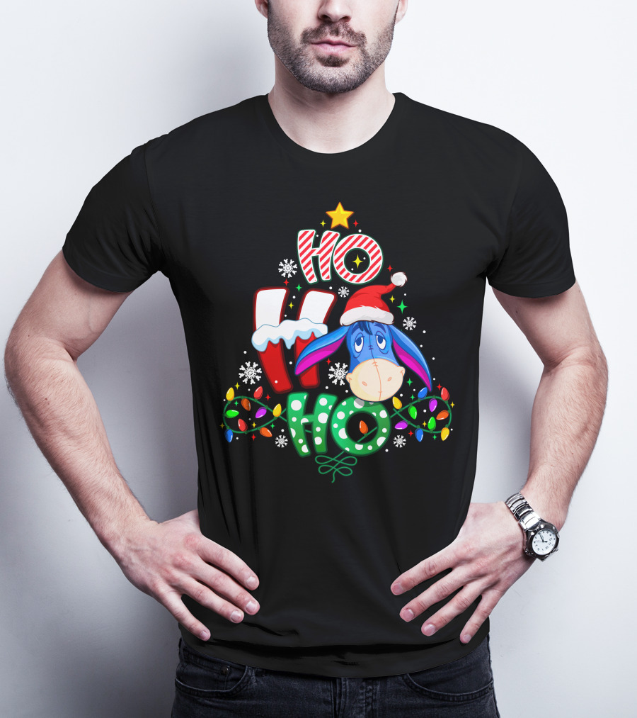 Ho Ho Ho Christmas Eeyore Santa Hat Lights Snowflakes T-Shirt