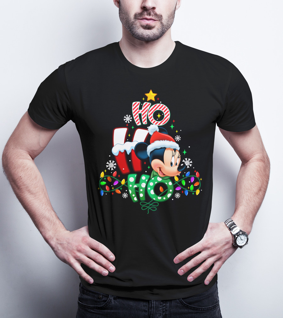 Minnie Mouse Ho Ho Ho Christmas Holiday Lights Snowflakes Santa Hat T-Shirt