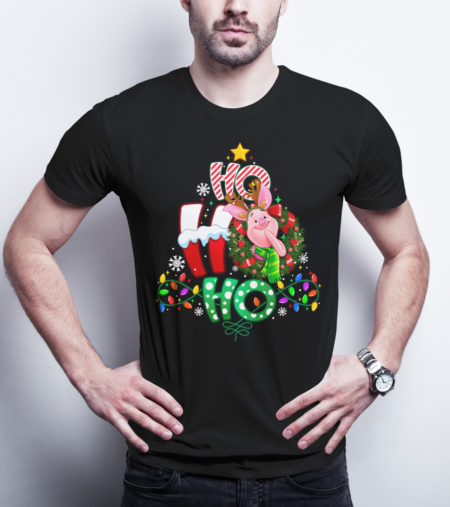 Ho Ho Ho Christmas Piglet Reindeer Lights Snowflakes T-Shirt