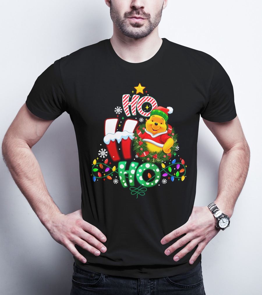 Ho Ho Ho Pooh Christmas Lights Snowflakes Wreath Santa Hat T-Shirt