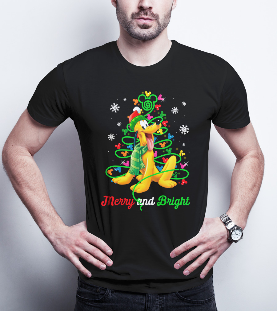 Pluto Merry And Bright Holiday Lights Mickey Snowflakes T-Shirt