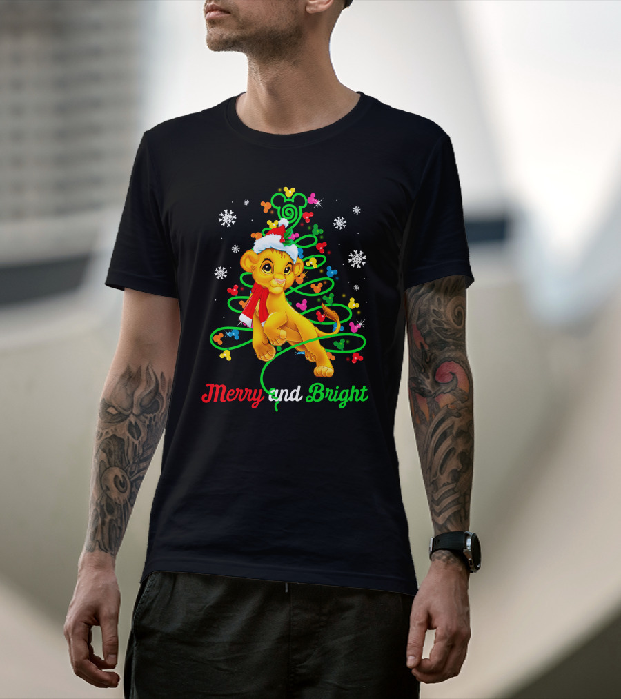Merry And Bright Simba Christmas Snowflakes Santa Hat T-Shirt