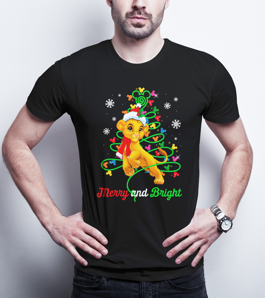 Merry And Bright Simba Christmas Snowflakes Santa Hat T-Shirt