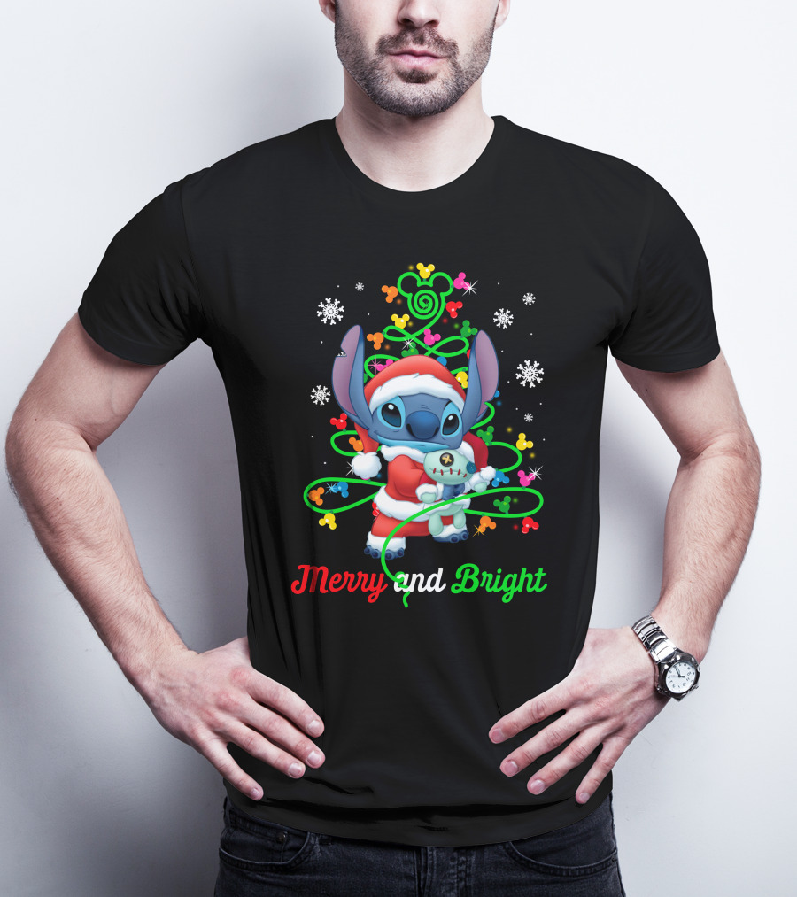 Merry And Bright Stitch Christmas Mickey Tree T-Shirt