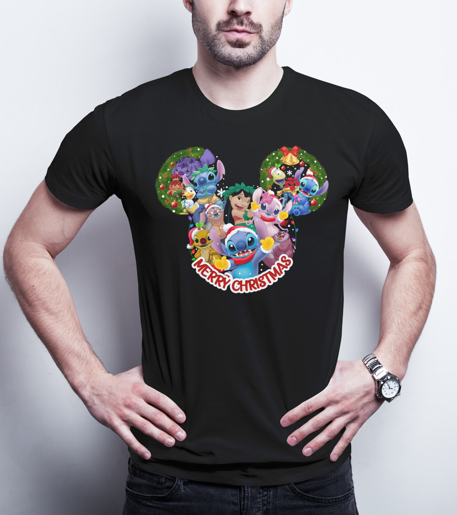 Merry Christmas Lilo And Stitch Disney Mickey Ears Wreath T-Shirt