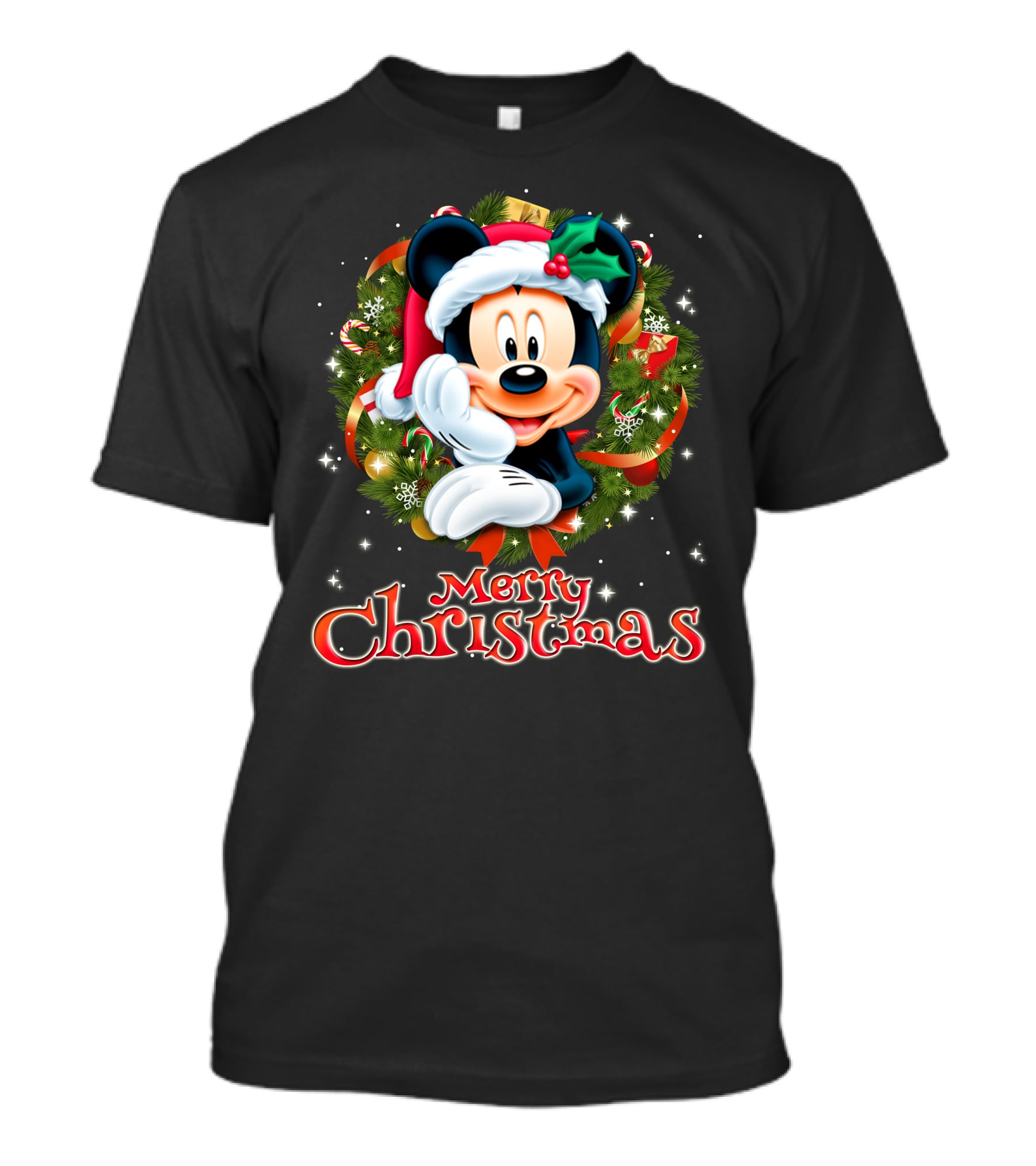 Mickey Merry Christmas Santa Hat With Holly Wreath T-Shirt
