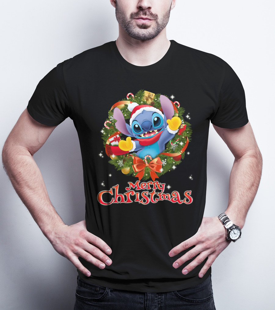 Merry Christmas Stitch Holiday Wreath Santa Hat Candy Cane T-Shirt