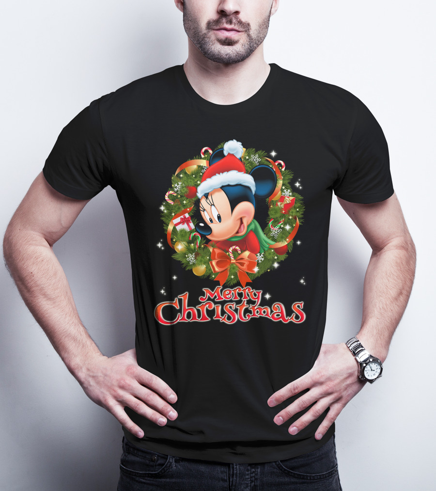 Merry Christmas Minnie Mouse Wreath With Santa Hat And Gifts T-Shirt