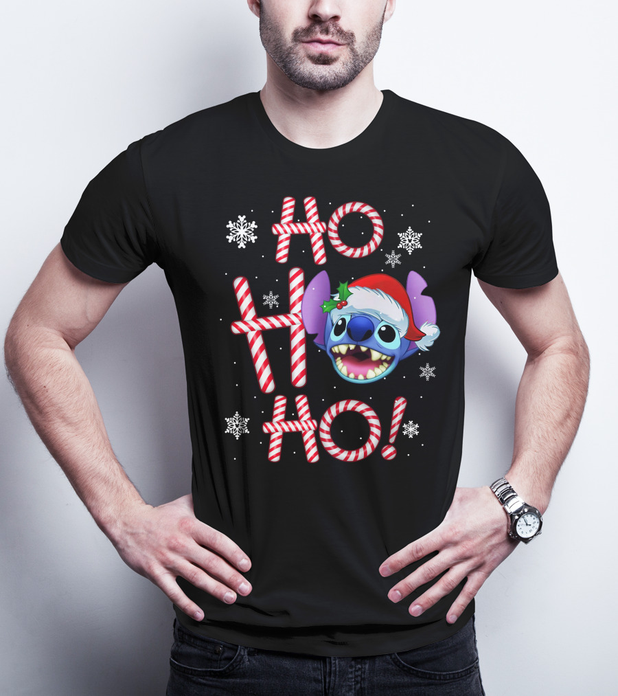 Ho Ho Ho Stitch Santa Hat Snowflakes Candy Cane T-Shirt