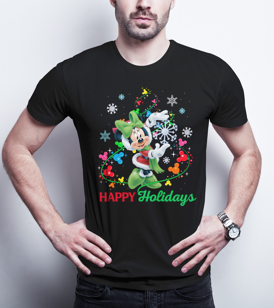 Happy Holidays Minnie Snowflakes And Colorful Mickey Icons T-Shirt